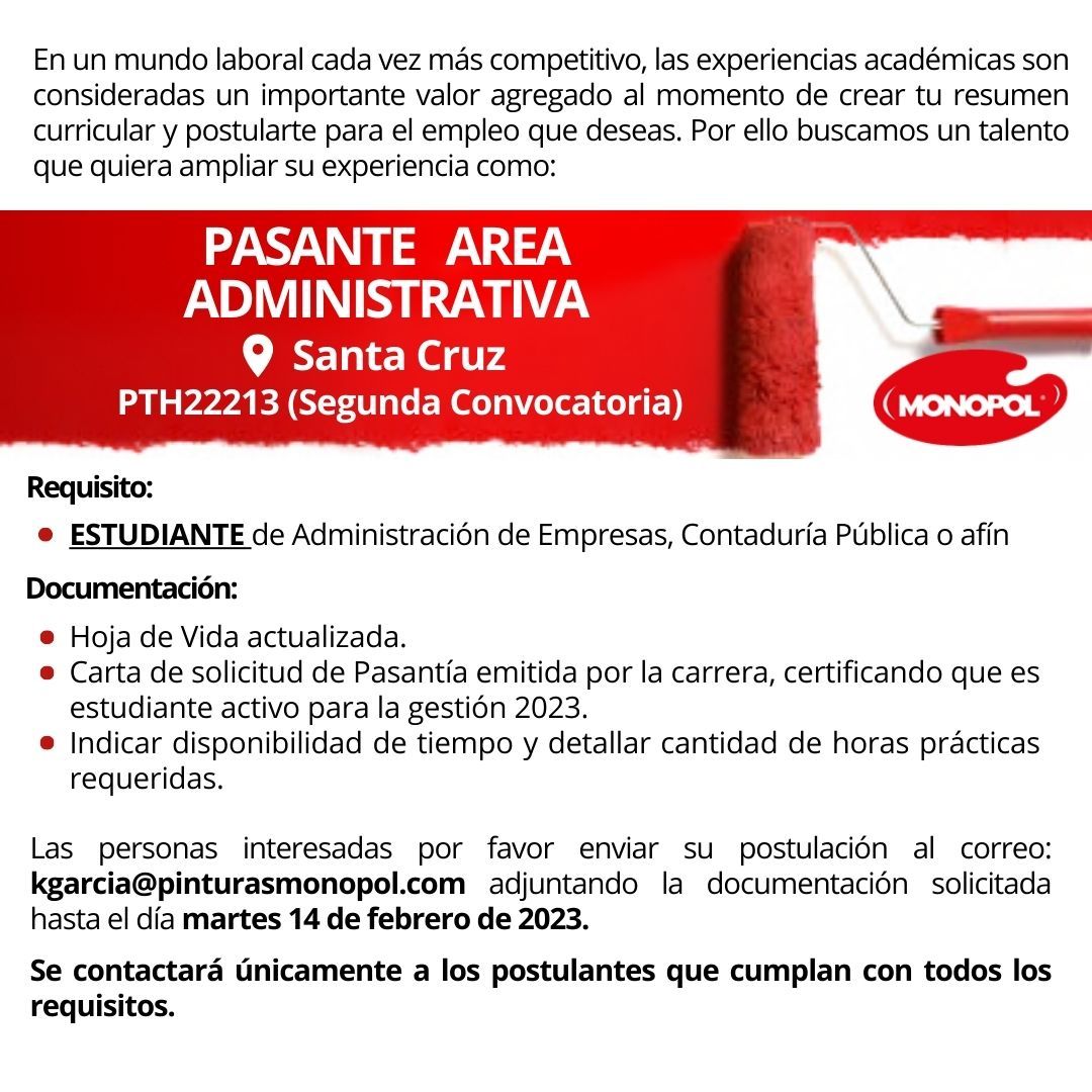 PASANTE AREA ADMINISTRATIVA | Trabajando Bolivia