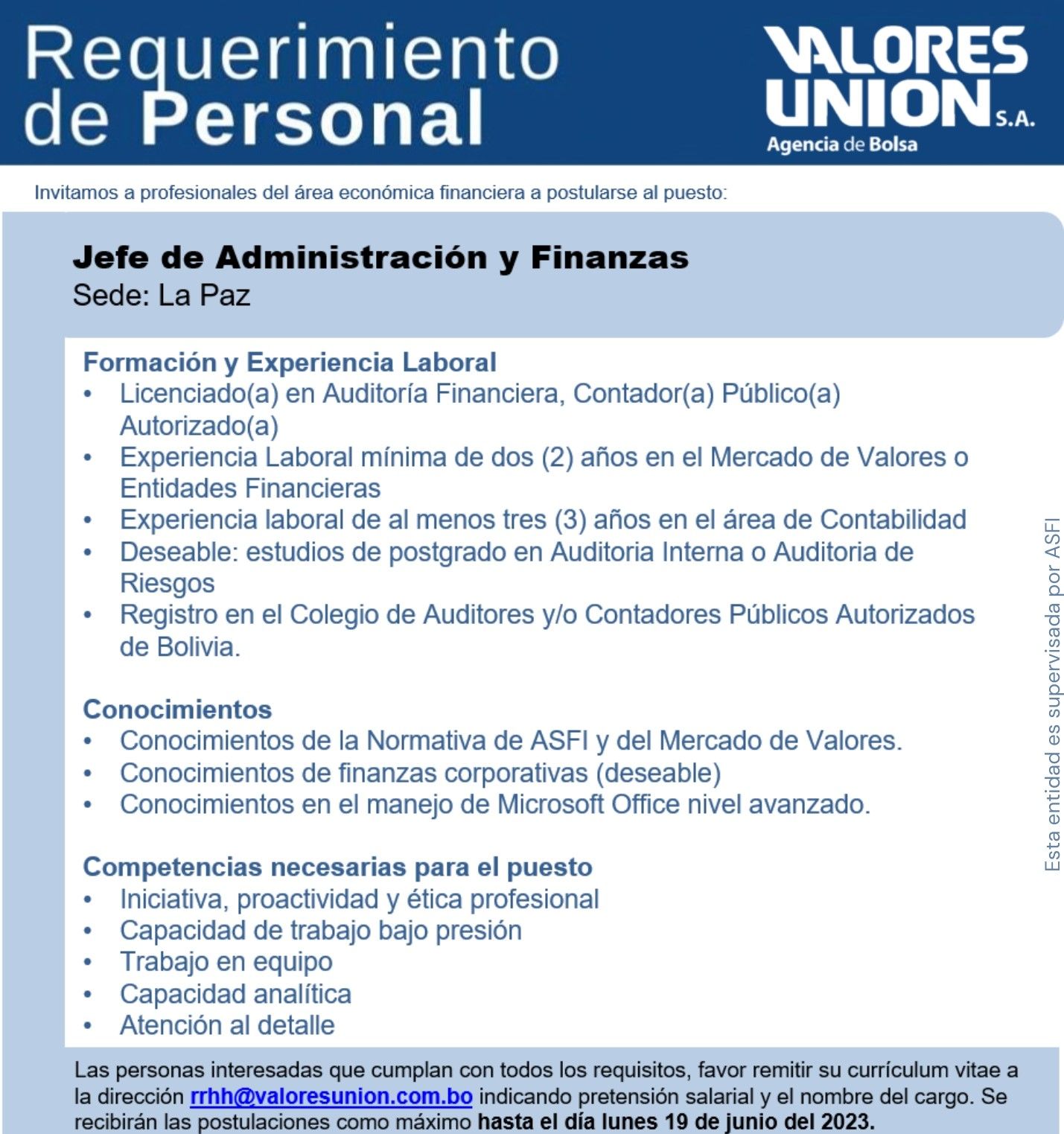 JEFE DE ADMINISTRACION Y FINANZAS | Trabajando Bolivia