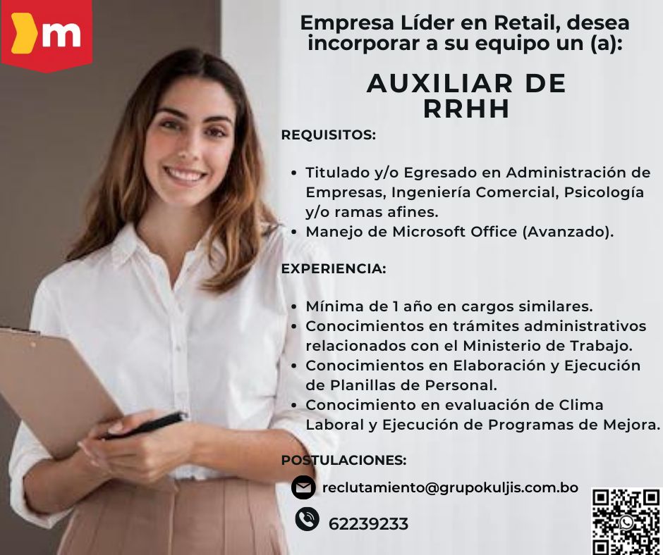 AUXILIAR DE RECURSOS HUMANOS | Trabajando Bolivia
