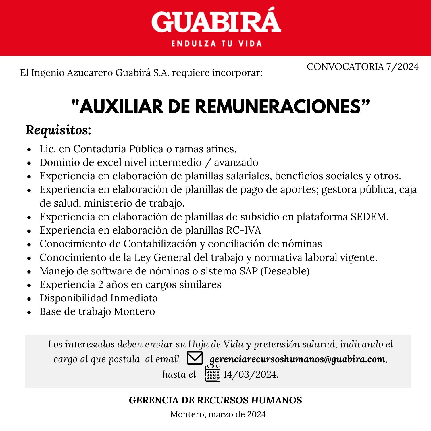 AUXILIAR DE REMUNERACIONES | Trabajando Bolivia