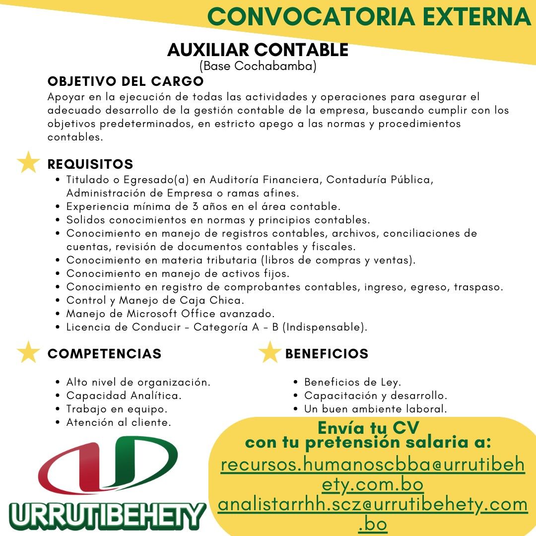 AUXILIAR CONTABLE | Trabajando Bolivia