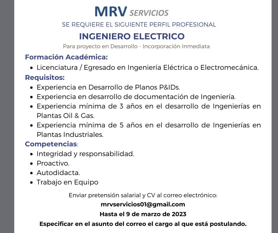 INGENIERO ELECTRICO | Trabajando Bolivia
