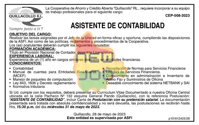 ASISTENTE DE CONTABILIDAD | Trabajando Bolivia
