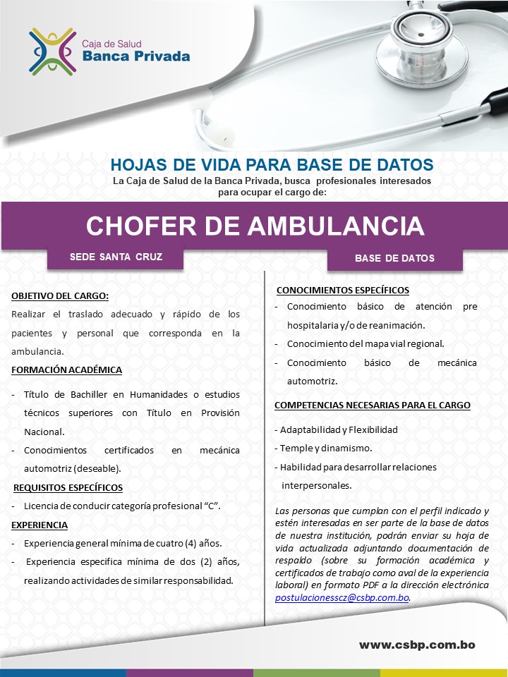 CHOFER DE AMBULANCIA | Trabajando Bolivia