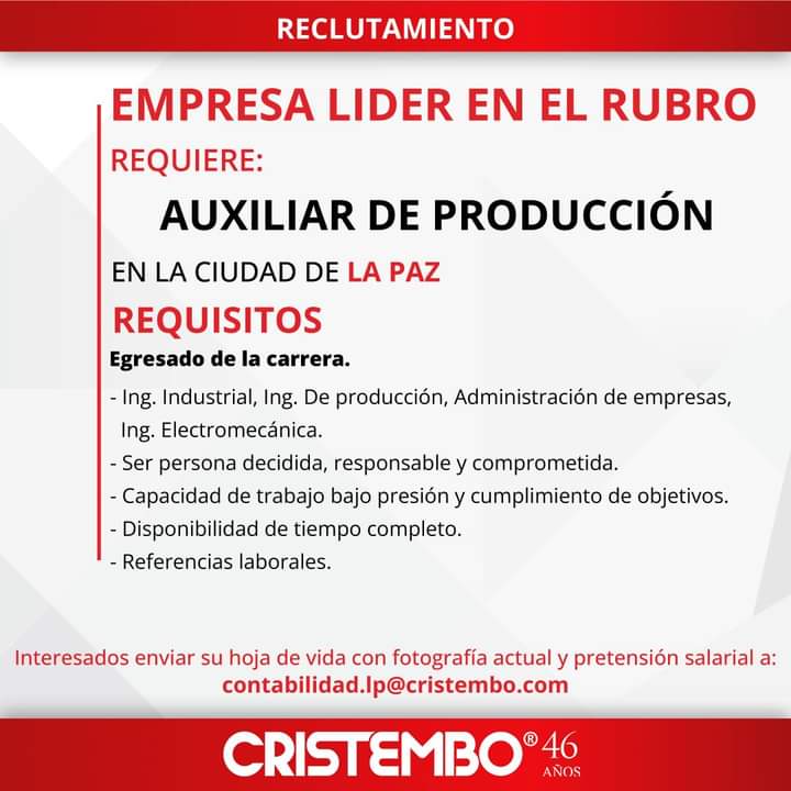 AUXILIAR DE PRODUCCIÓN | Trabajando Bolivia