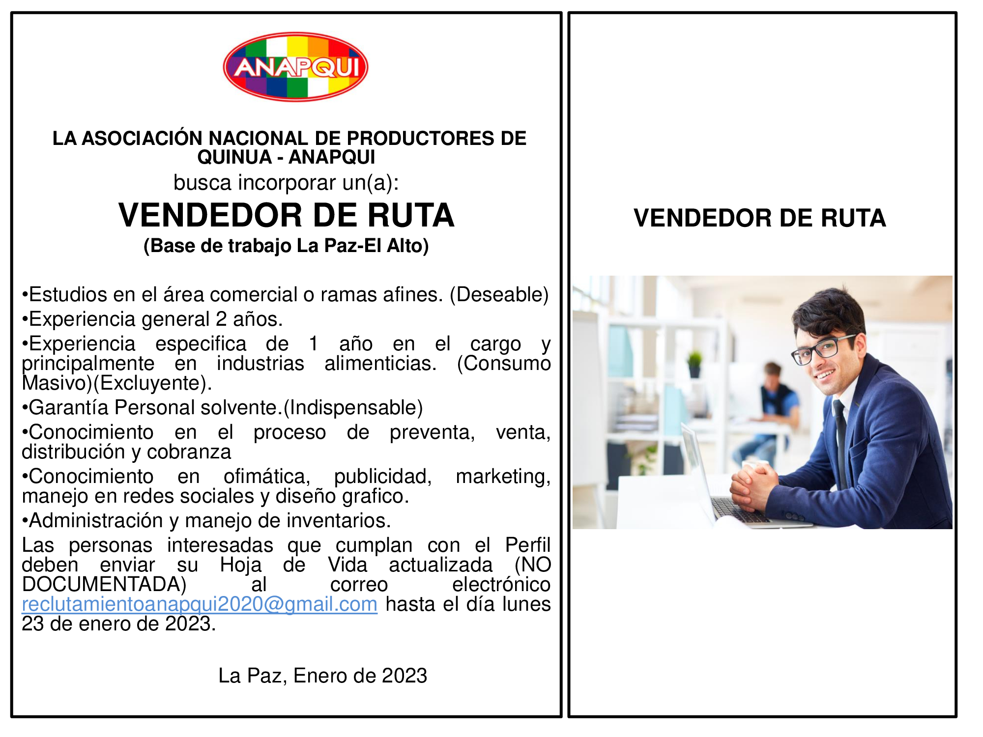 VENDEDOR DE RUTA | Trabajando Bolivia