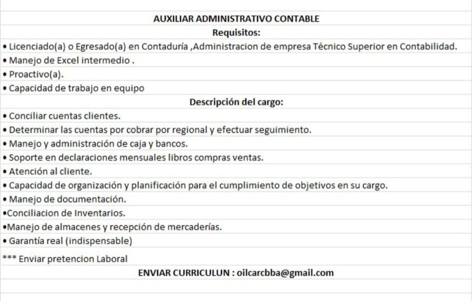 AUXILIAR ADMINISTRATIVO CONTABLE | Trabajando Bolivia